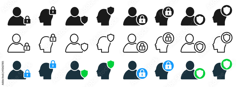 Set of user and head with security icons. Personal protection signs ...