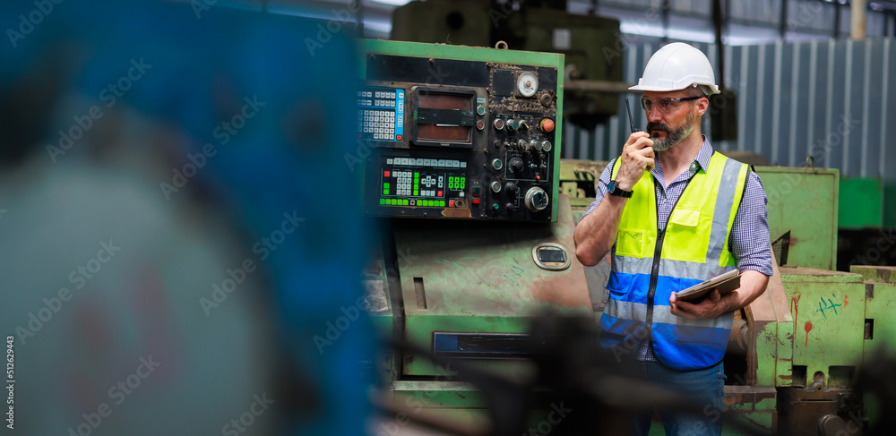 walkie talkie. Portrait Caucasian professional Engineer factory ...