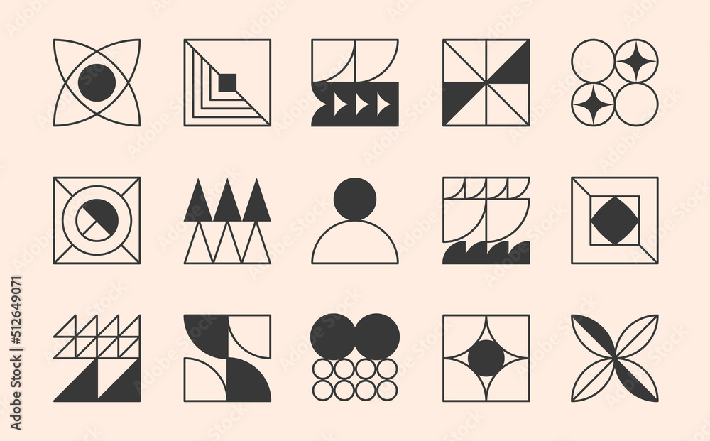 Vector set of bauhaus linear emblems or symbols.Modern brutalist ...