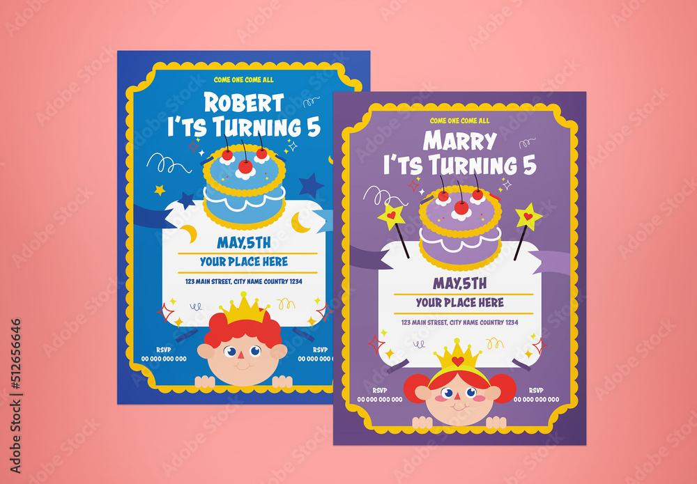 Birthday Prince and Princess Invitations Layout Stock Template | Adobe ...
