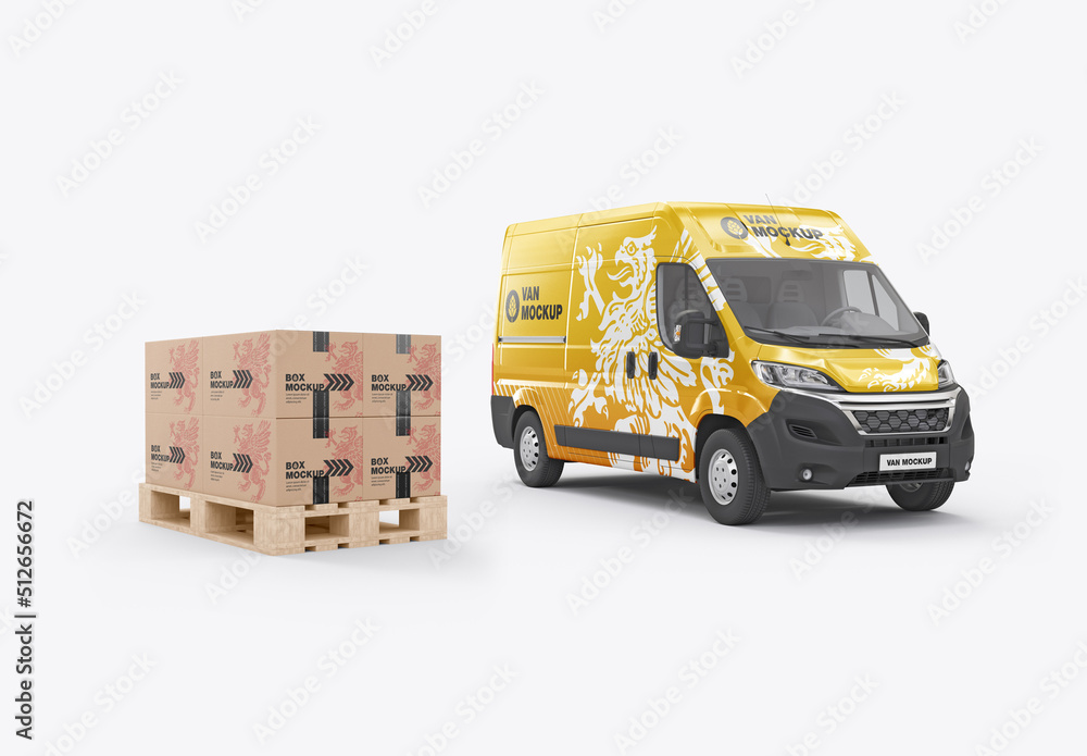 Panel Van with Pallet and Boxes Mockup Stock Template | Adobe Stock
