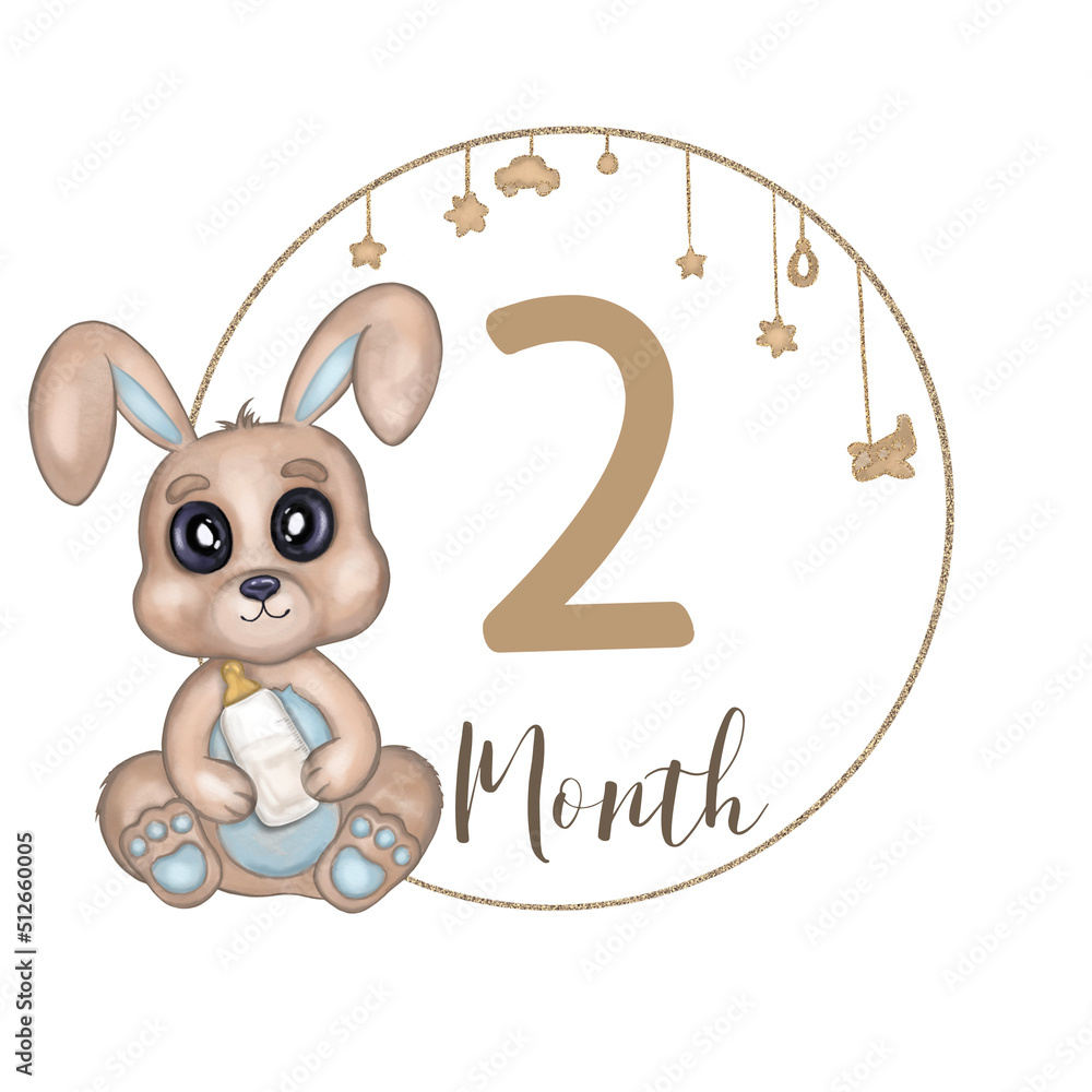 Cute baby boy bunny with milk bottle. Hand drawn watercolor rabbit ...