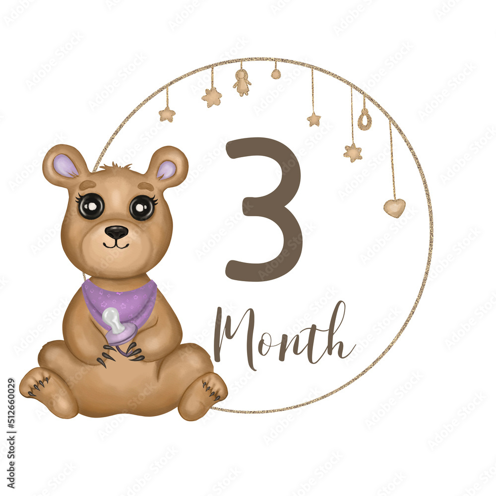 Cute baby bear girl with nipple. Hand drawn watercolor bear. Baby ...