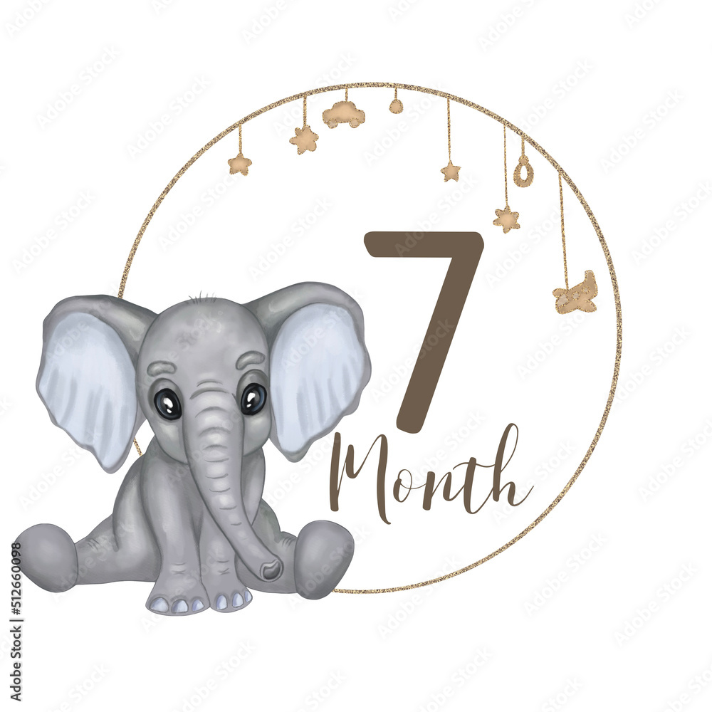 Cute elefant. Hand drawn watercolor baby boy elefant. Baby milestone ...