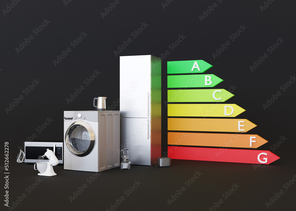 Different household appliances and energy efficiency rating chart on ...