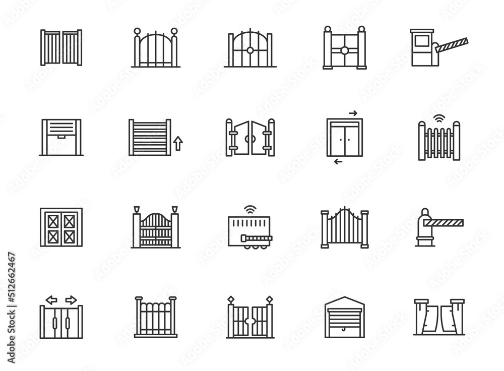 Vector fence gate line icon set. Metal house gate entrance garage ...