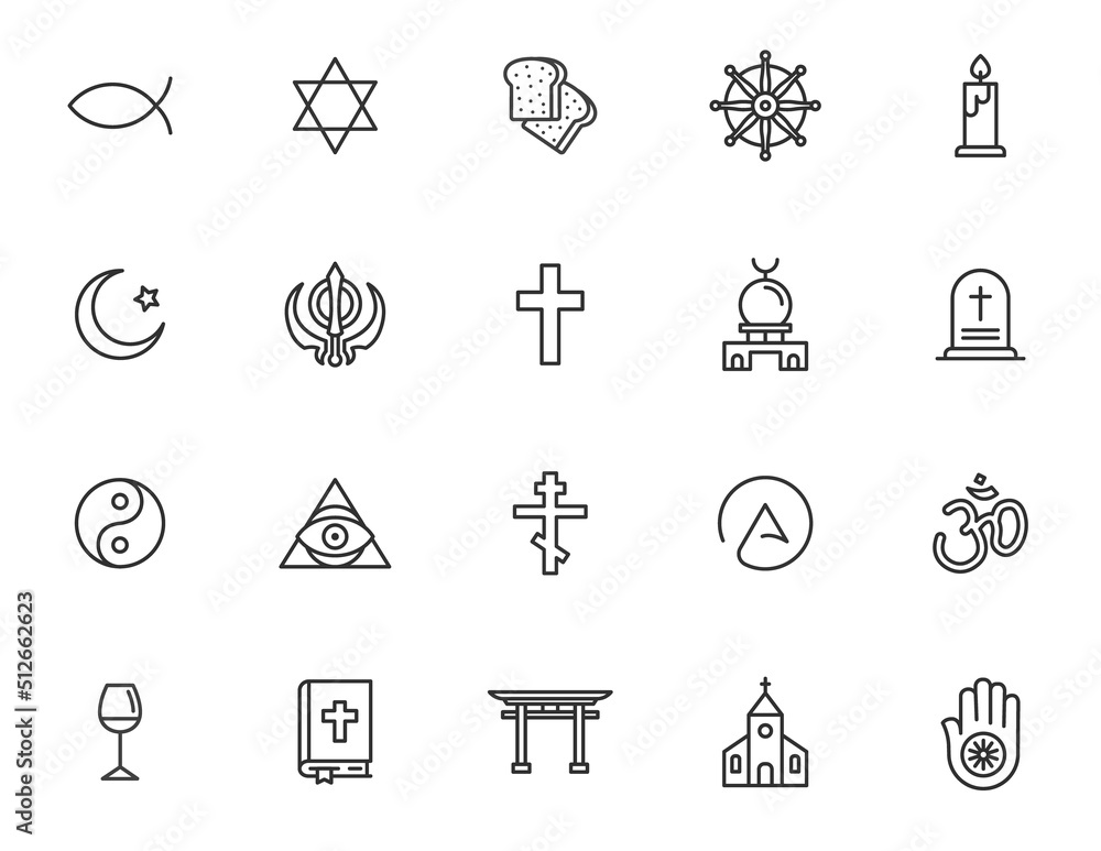 Religion symbol line icon set. Religious buddhism world culture muslim ...