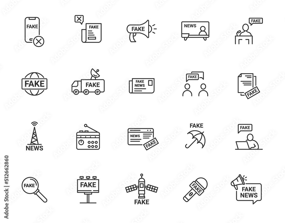 Fake new line icon set. Propaganda fake news bribery debate media ...