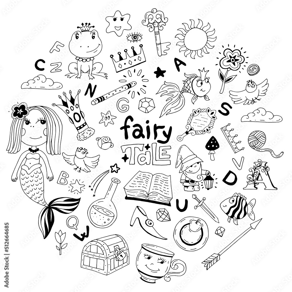 Collection vector fairy tale elements. Hand-drawn, doodles ...