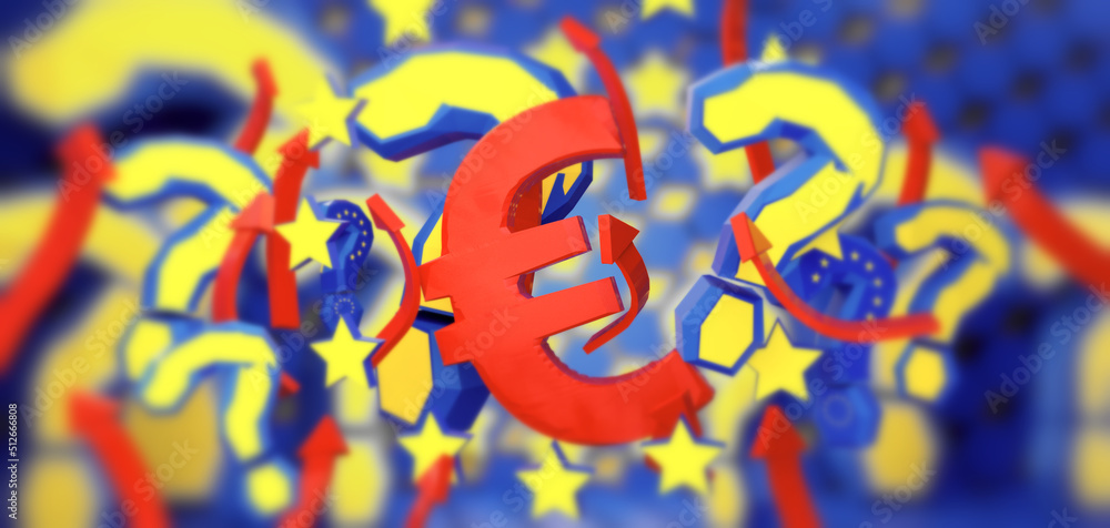 red EUR Euro symbol and question marks in colors of the flag of Europe ...