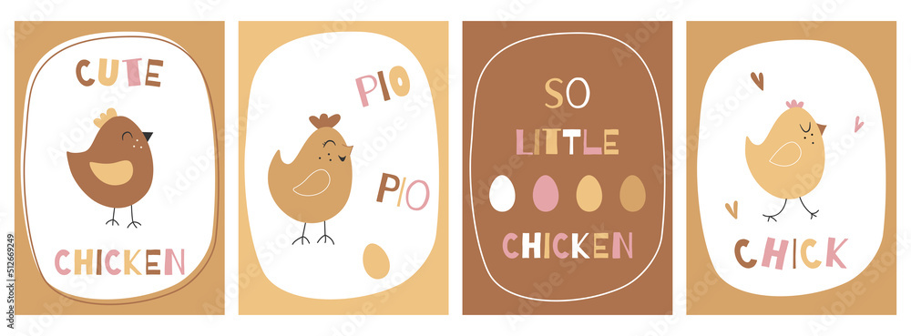 Cute chickens - set of posters. Printable vector nursery illustration ...