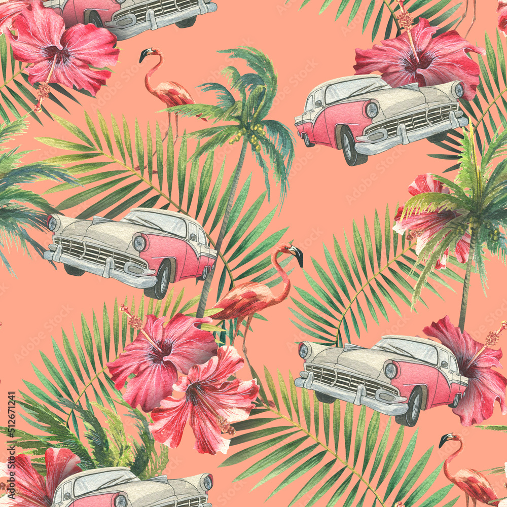 Tropical, seamless pattern with retro car, palm leaves, palm trees ...