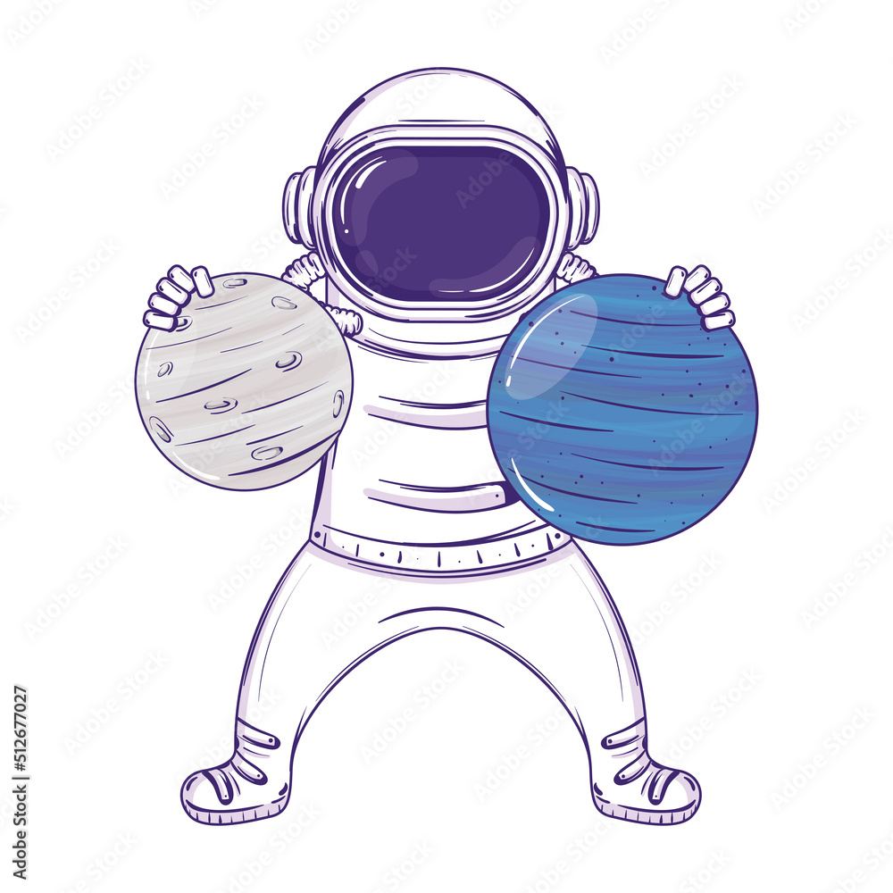 Colored astronaut cartoon character playing with planets Vector Stock ...