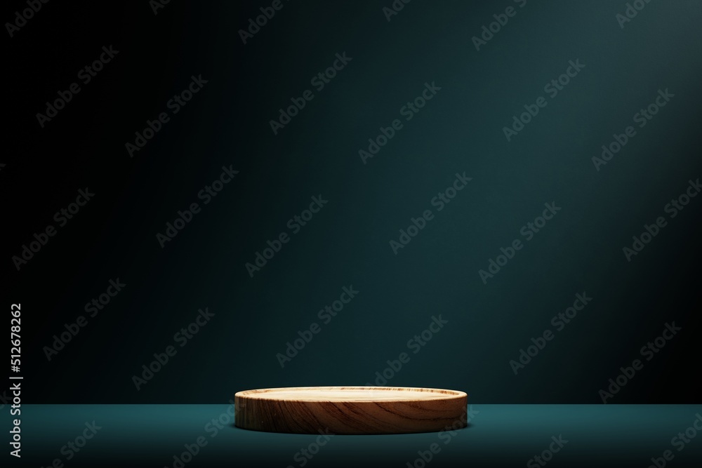 Minimal wood podium or pedestal display on dark blue background with ...