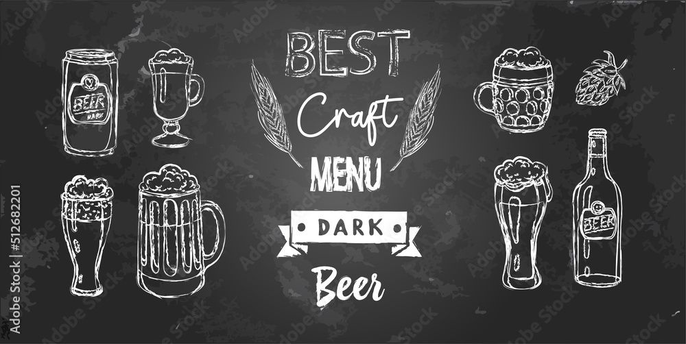 Vector set of beer with mugs, bottle, mail. Beer in a can. Illustration ...