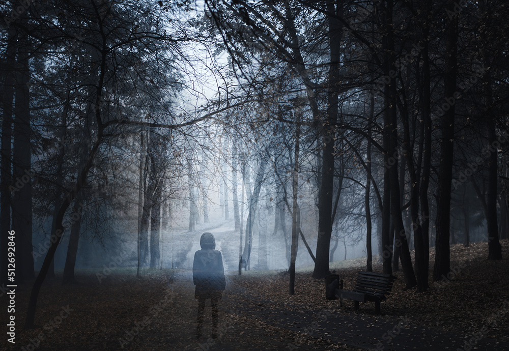 Ghost in the fog. Zombie. Scary forest trees in a fog. Background ...