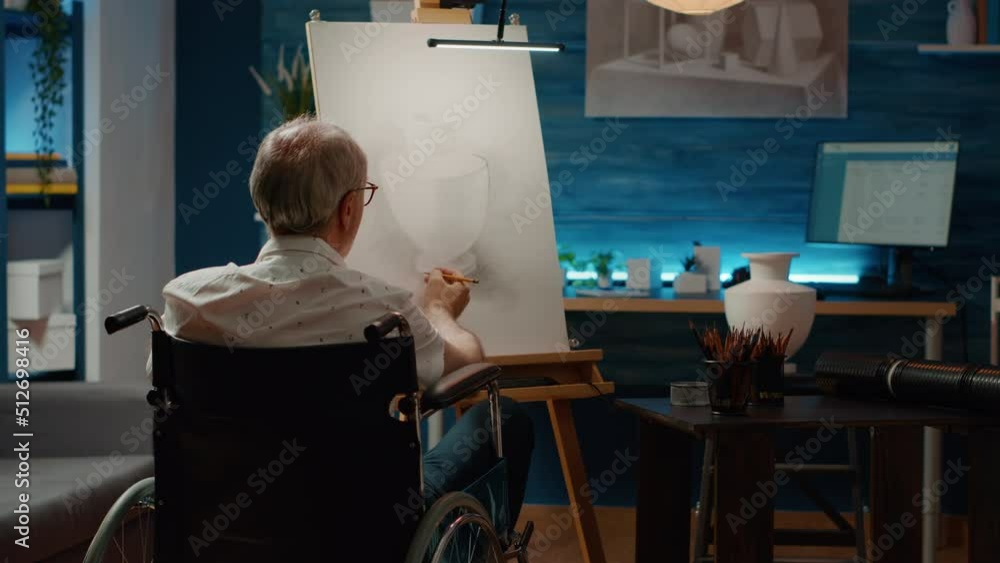 Stockvideo Senior adult with chronic impairment using pencils to draw ...