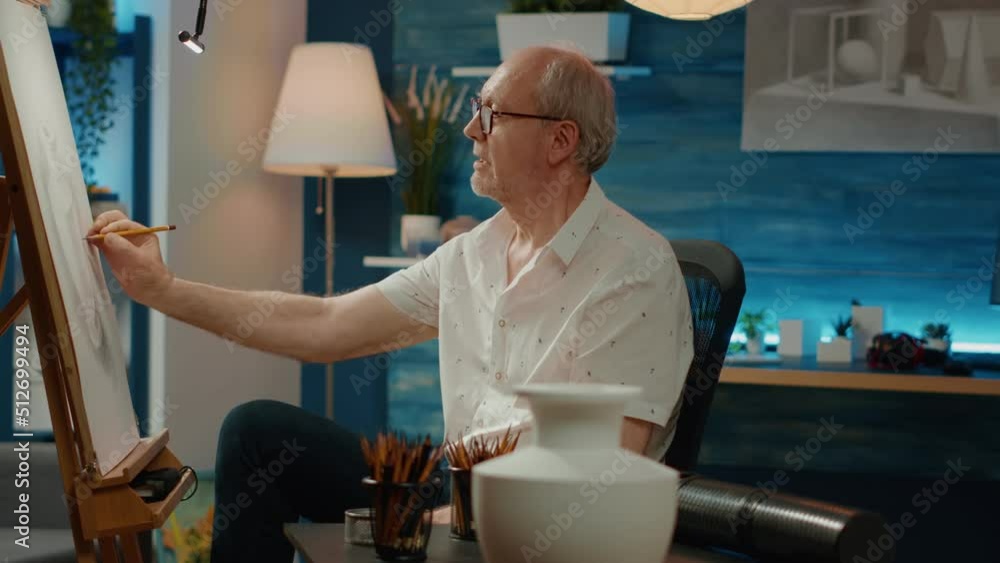 Old artist looking at vase inspiration to create artwork sketch, using ...