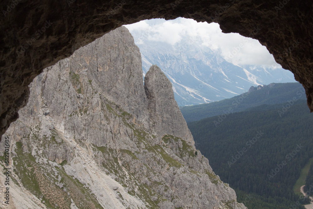Mountain landscape from rock tunnel, Lagazuoi tunnel, Dolomites ...