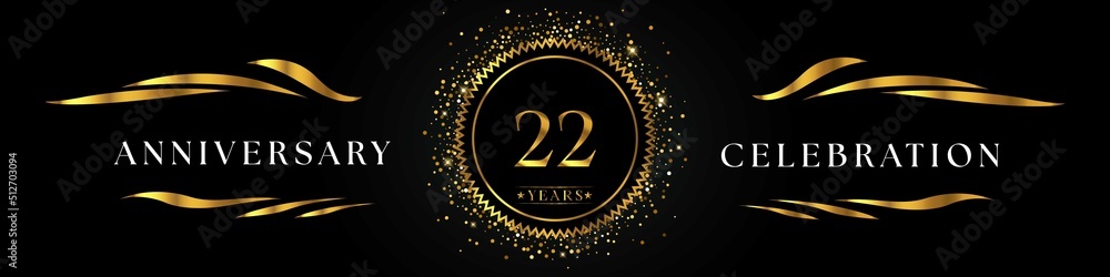 22 years anniversary celebration with golden sunburst on the black ...