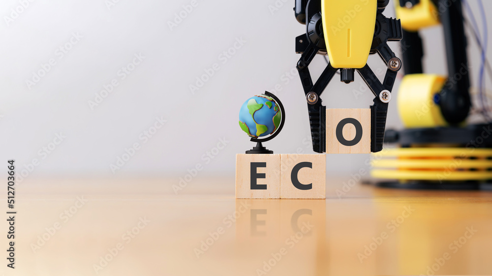 Robot arm putting wooden cube to align wording of ECO, Automatic farm ...
