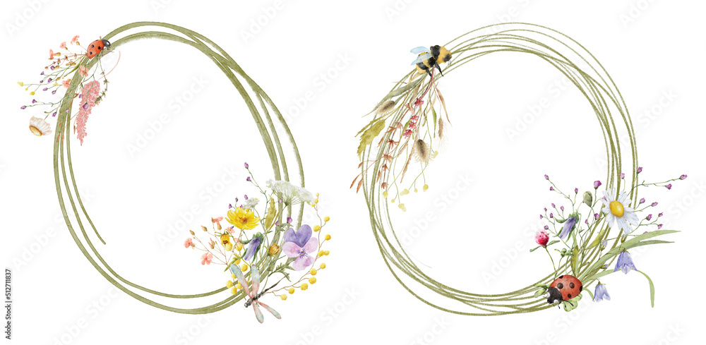Wild flowers watercolor frame botanical hand drawn illustration Stock ...