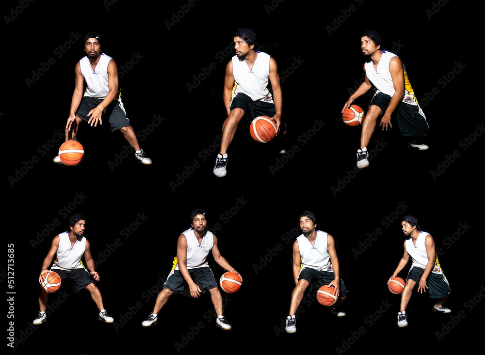 Gesture of Asian basketball player dribbling on black background ...