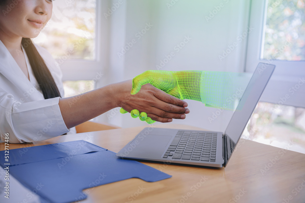 Smart Businesswoman shakehand with artificial intelligence hands visual ...