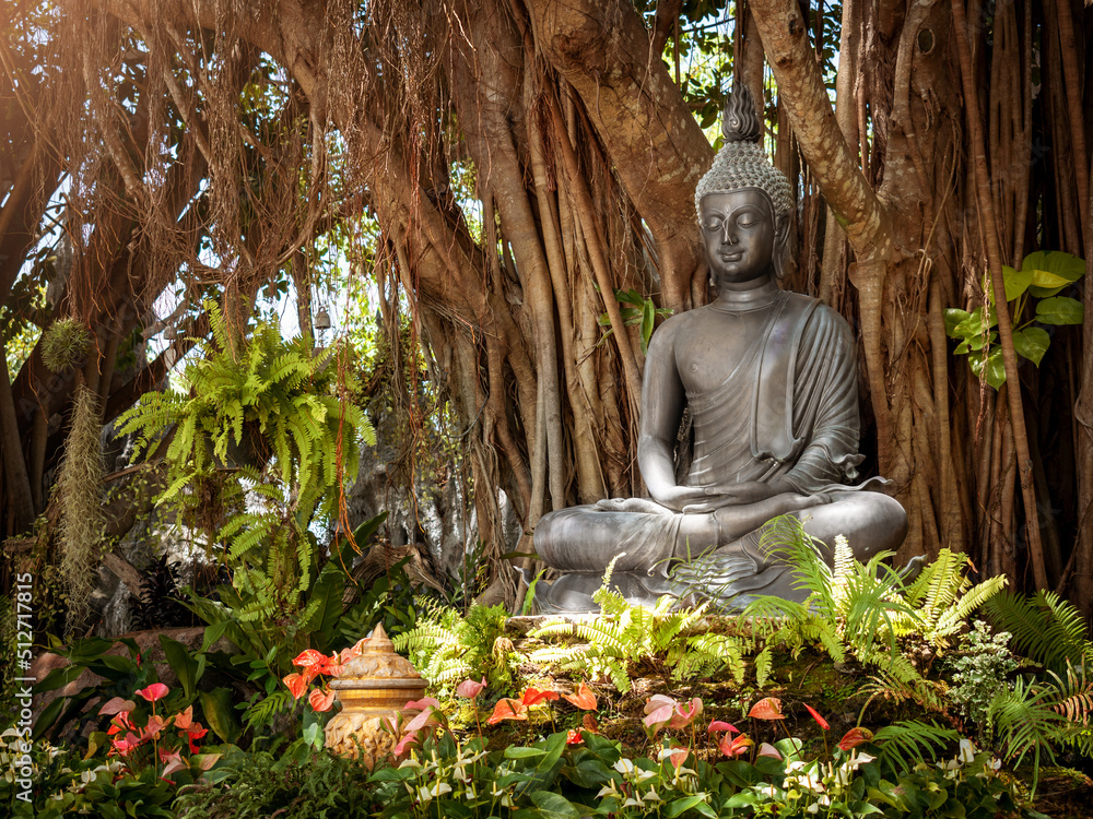 Estatua de buda meditando bajo el árbol bodhi, en jardín natural Stock ...