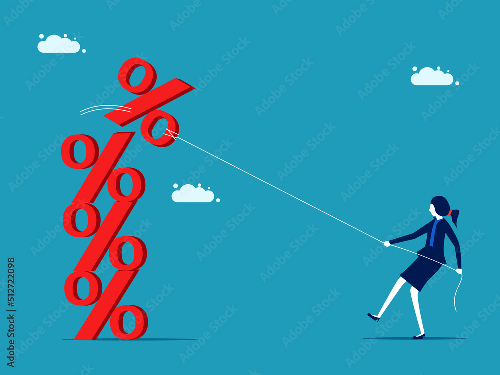 Reduce interest rates. business woman pulling down percentage icon ...