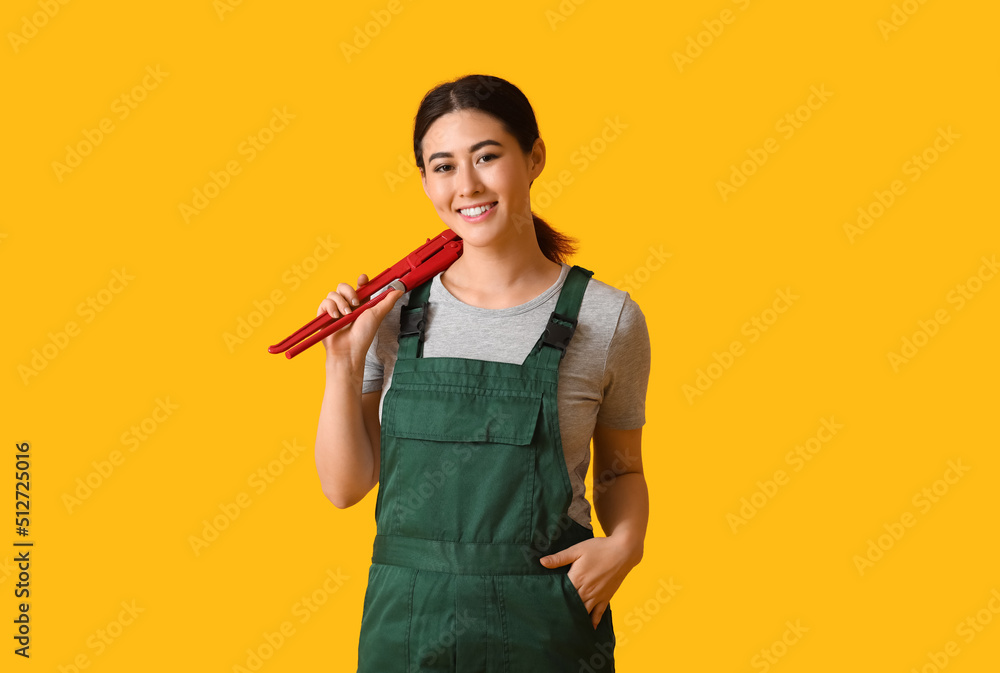 Asian female plumber with pipe wrench on yellow background Stock Photo ...