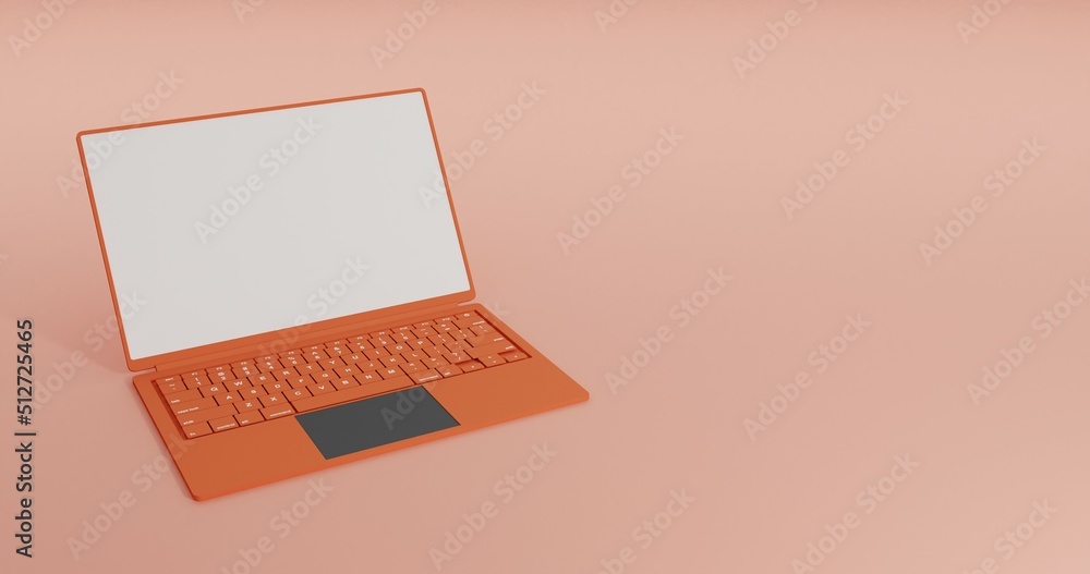 Orange laptop computer with blank white screen isolated on light orange ...