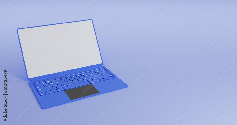 Blue laptop computer with blank white screen isolated on light blue ...