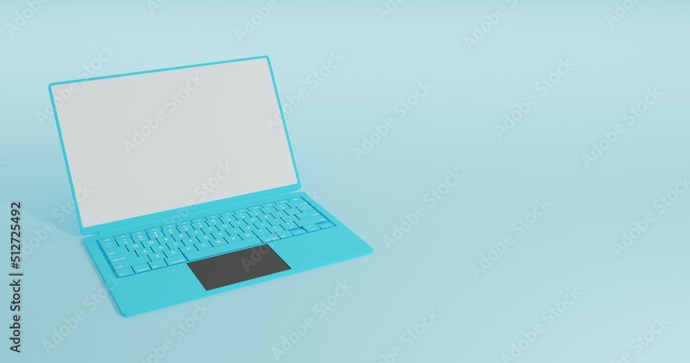 Sky color laptop computer with blank white screen isolated on sky color ...