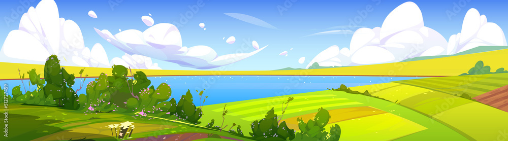 Summer landscape with lake and green agriculture fields. Vector cartoon ...
