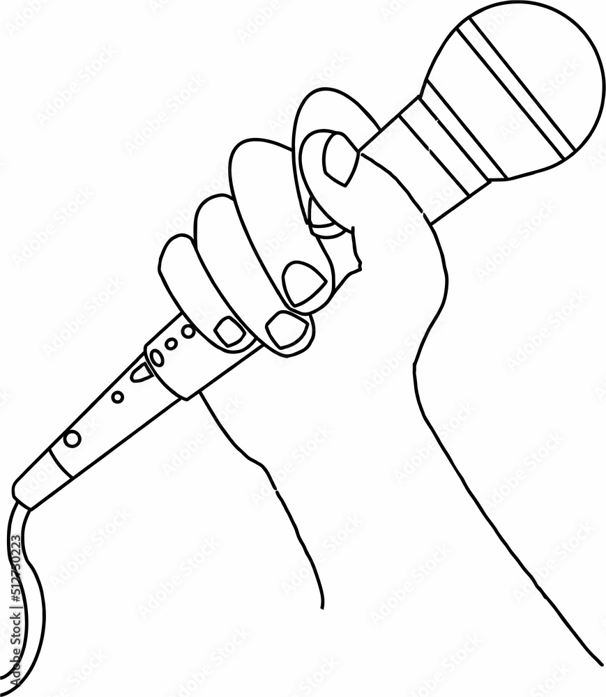 One line hand holding microphone or mic. Hand and microphone one ...