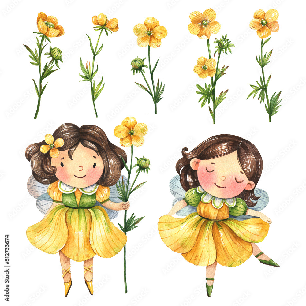 Cute, magical characters and flowers watercolor illustrations set ...