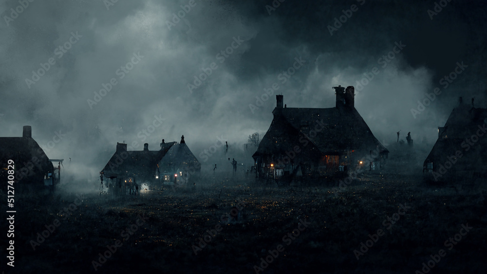 Hunted Village dark and foggy, dark village with heavy fog Halloween ...