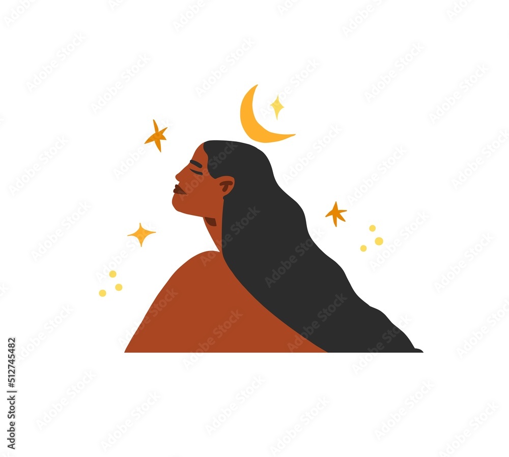 Hand drawn vector abstract modern graphic,clipart illustration of young boho female character in ...