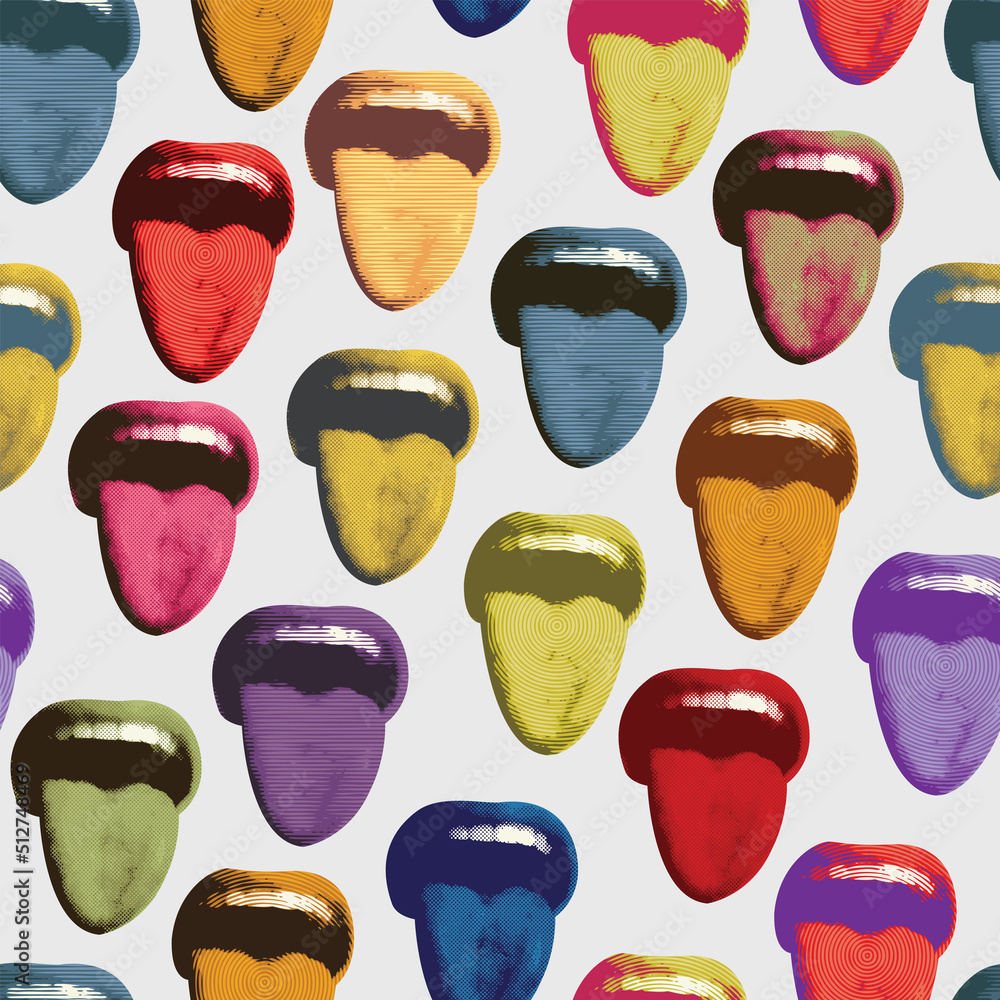 Colored seamless pattern with lips that smile and show tongue and teeth ...