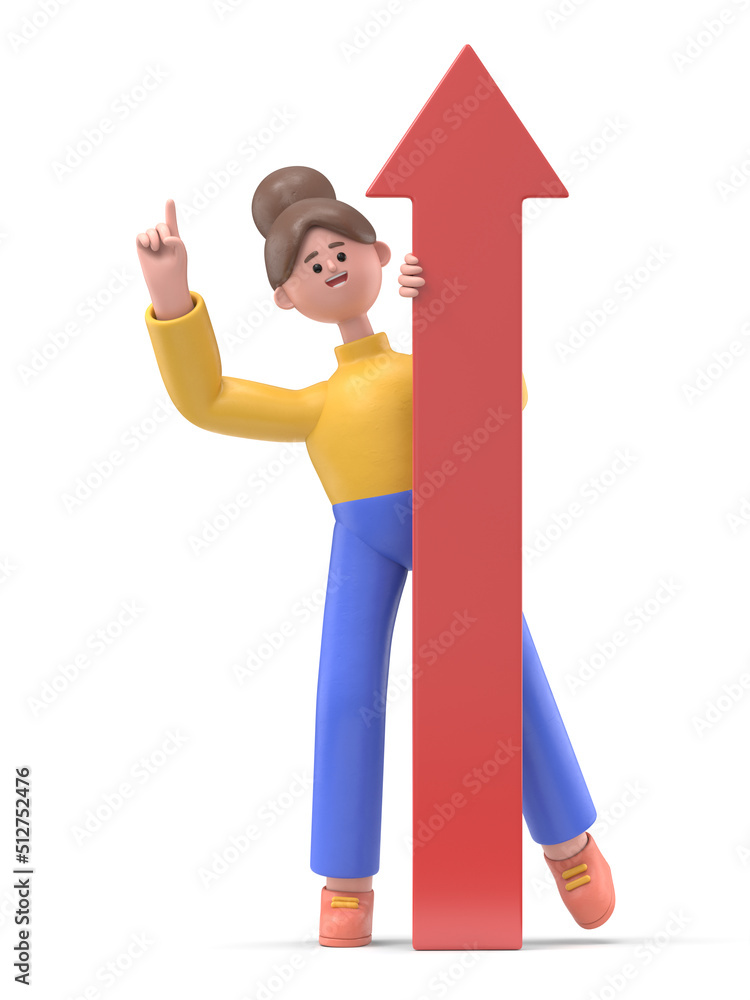 3D illustration of smiling woman Angela holding arrow going up, growth ...