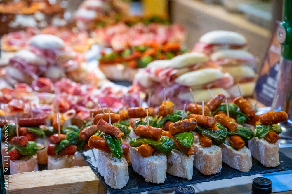 Typical snack of Basque Country and Navarre, pinchos or pinxtos, small ...