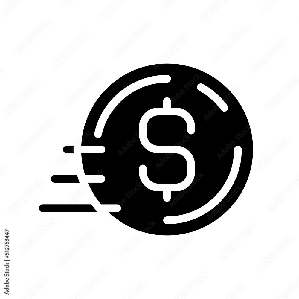 Coin in motion black glyph icon. Bank transfer payment. Send money ...