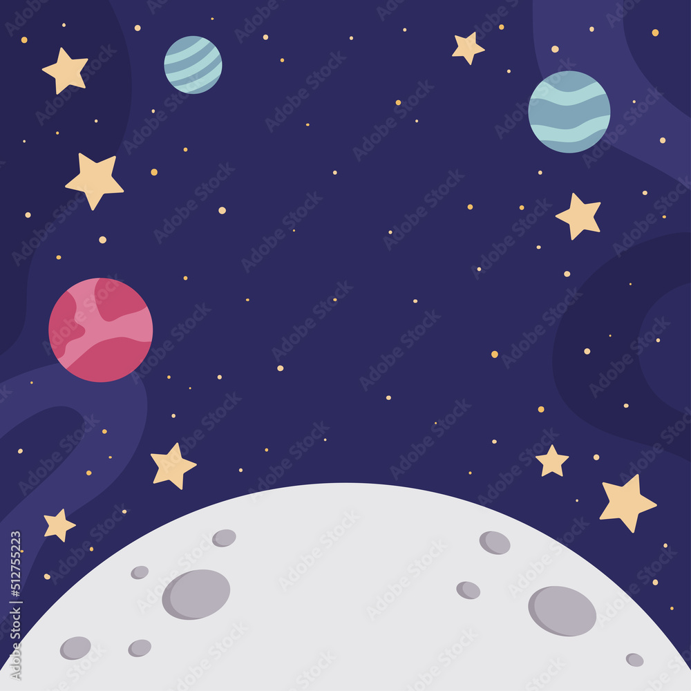 Space planet, stars and moon background. Cartoon space landscape. Flat ...
