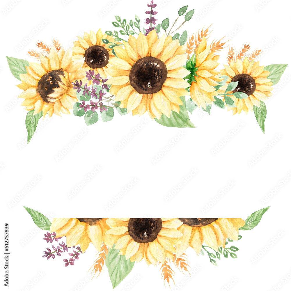 Sunflower Wreath Clipart, Watercolor Meadow flowers Frame, Rustic ...