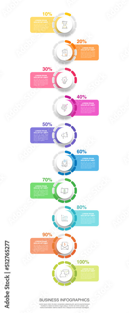 Modern vector infographics design template. Concept with 10 steps, labels. Creative timeline ...