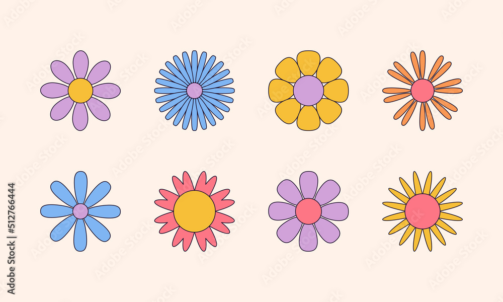 Vector set of simple hippie style boho flower icons, symbols. Abstract ...