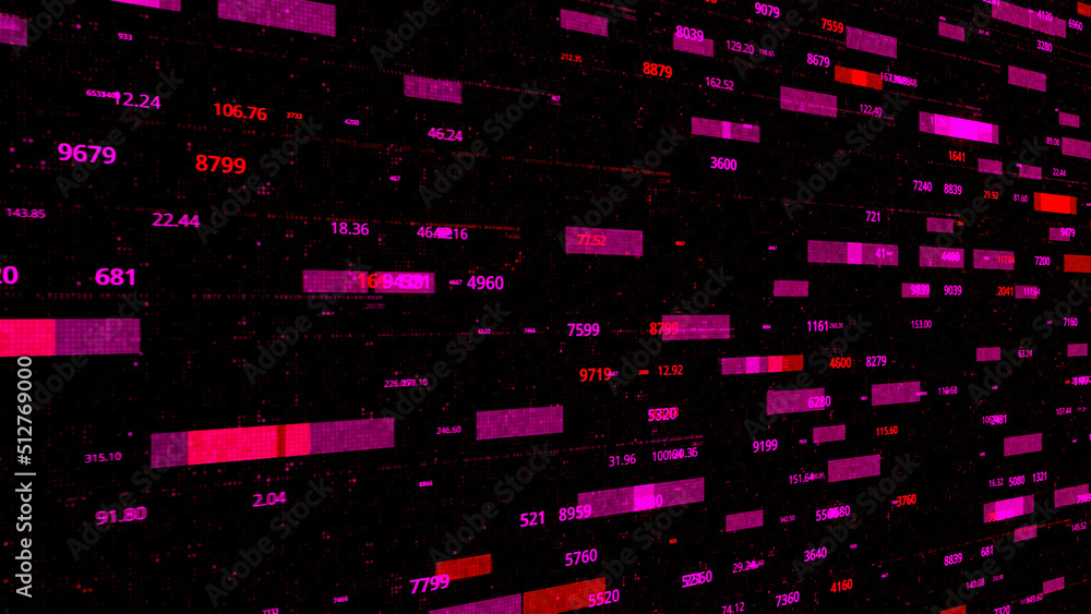 Abstract futuristic digital encrypted data, statistics monitor display. Animation. Flowing pink ...