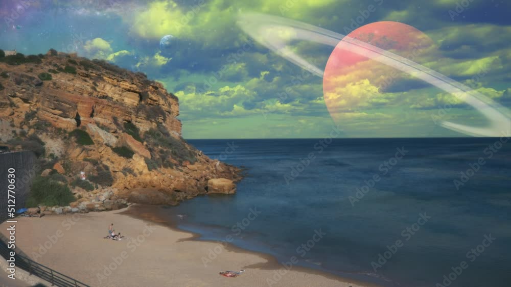 Planets Sky Sand Beach Ocean View Surreal Landscape. Planets orbiting ...