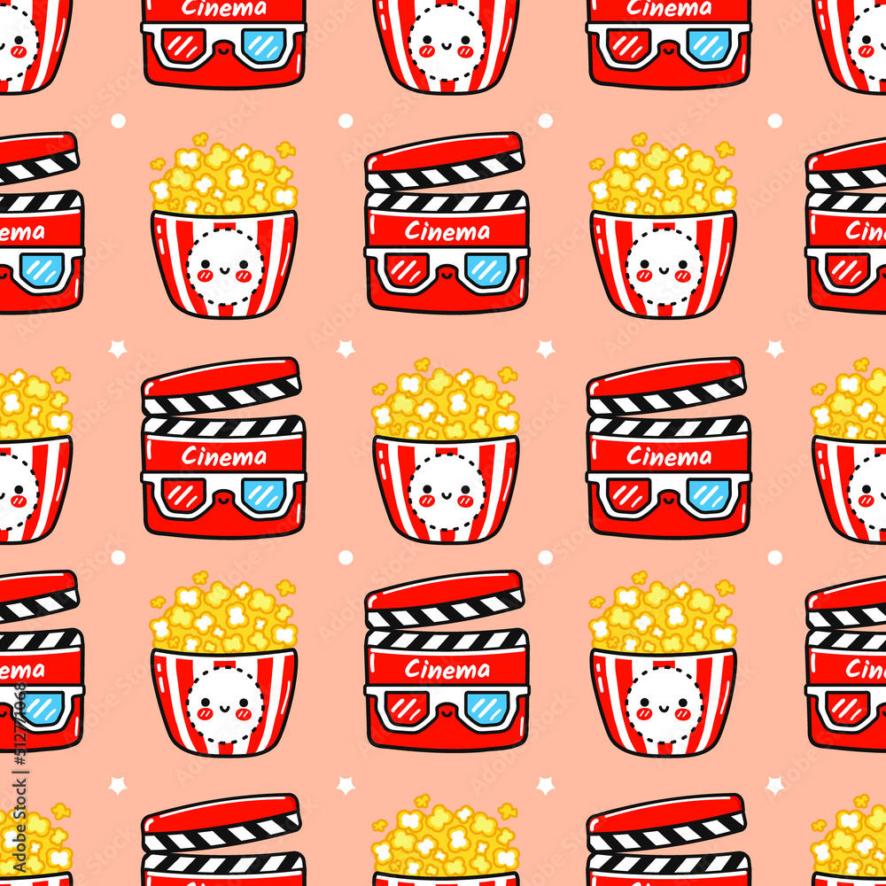 Funny cute happy popcorn and movie clapper seamless pattern characters ...